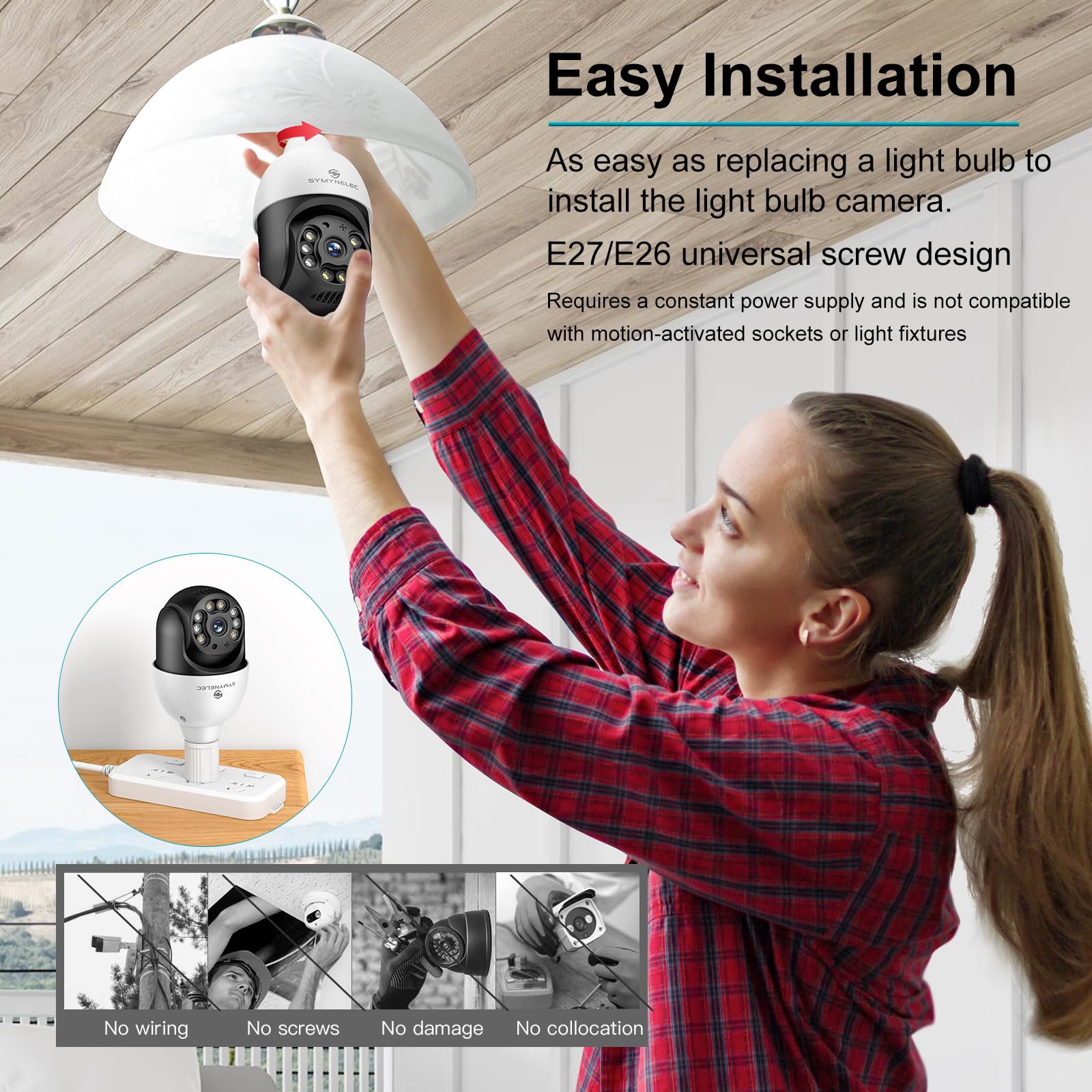 SYMYNELEC Wireless WiFi P4 Light Bulb Security Camera No Monthly Fee ...